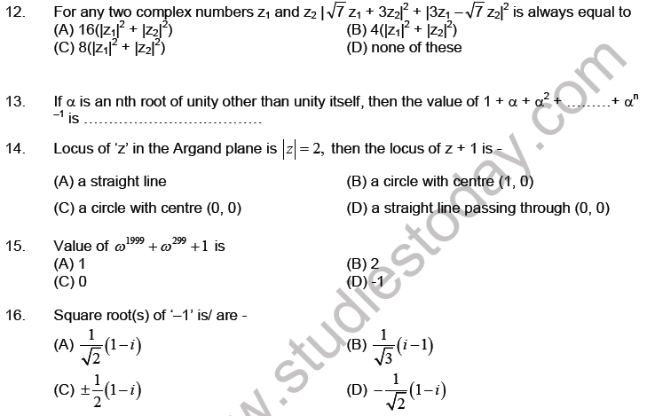 JEE Mathematics Complex Numbers MCQs Set C with Answers